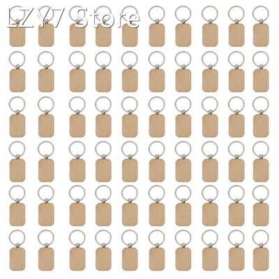 60Pcs Blank Rounded Rectangle Wooden Keychain Diy Wooden Key