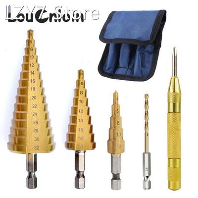 5Pcs 4-32mm HSS Straight Groove Step Drill Bit Center Punch