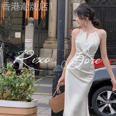 RIXO DORE法式名媛气质白色挂颈吊带洋装女缎面鱼尾长裙高级感