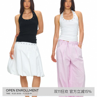 OPEN ENROLLMENT Floe Top 铆钉金属细节挂脖露背修身背心 黑/白