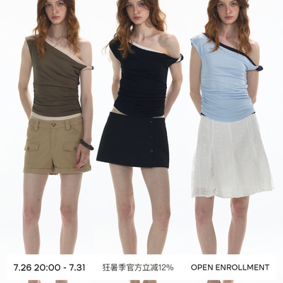 OPEN ENROLLMENT Replete T-shirt 斜肩弹力不对称T恤 军绿/黑/蓝