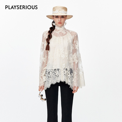 ROCHAROMMA 2026春夏新款蕾丝拼接围领罩衫女优雅风宽松上衣
