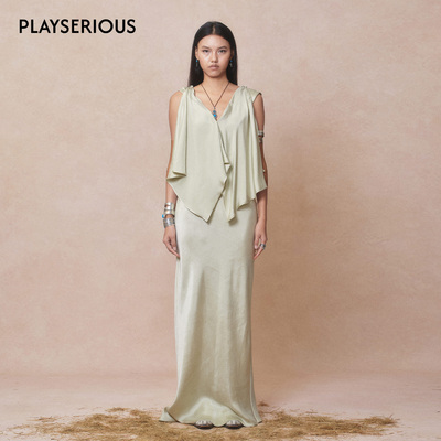 DEPLUMER 2026春夏新款领飘片v领连衣裙女青萍绿无袖气质收腰长裙