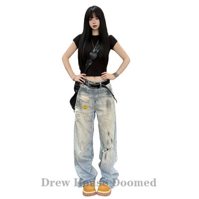 Drew House Doomed笑脸美式做旧破洞牛仔裤女工装直筒宽松阔腿裤