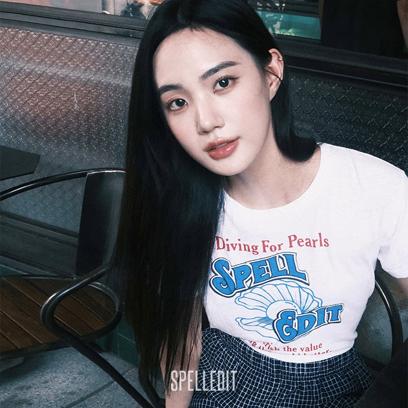 SPELLEDIT新款SP珍珠T恤圆领短袖印花短款通勤韩版女