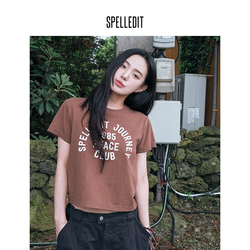 SPELLEDIT夏季新品1985T恤休闲短款简约印花舒适修身上衣女