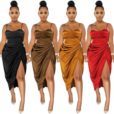 2021 women sexy wrap dress solid color fashion ruched skirt