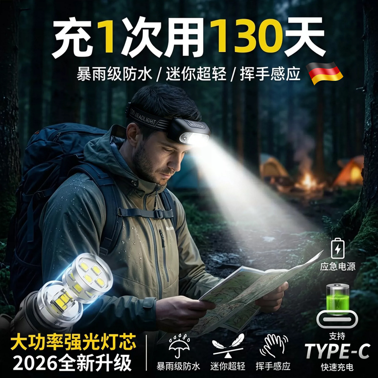 德国头灯2026新款强光超亮钓鱼专用超长续航100小时户外登山头戴