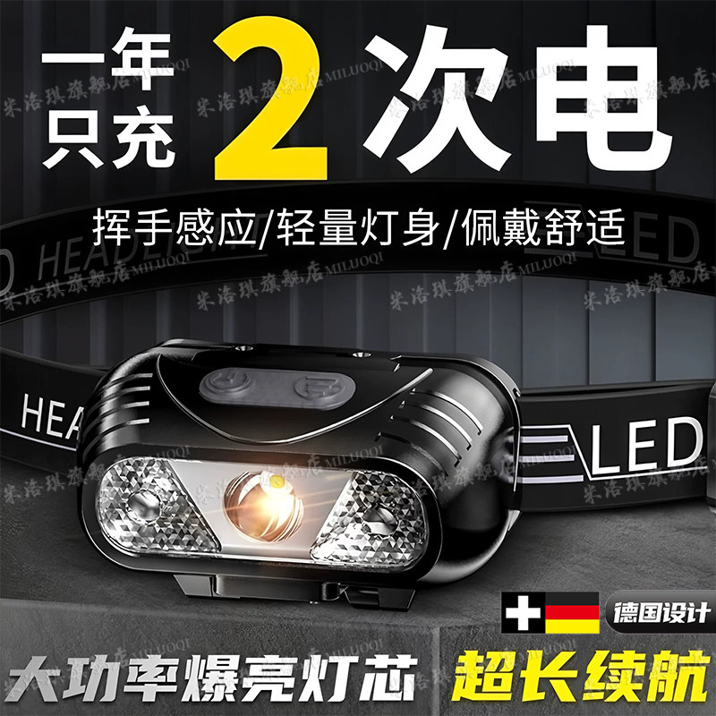德国头灯2026新款强光超亮钓鱼专用超长续航100小时户外登山头戴