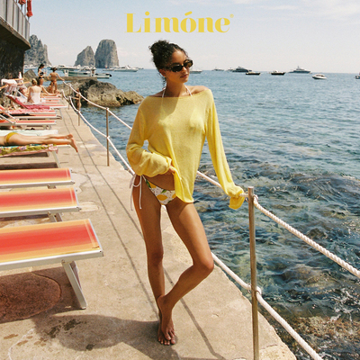 Limone柠檬黄露肩针织比基尼罩衫