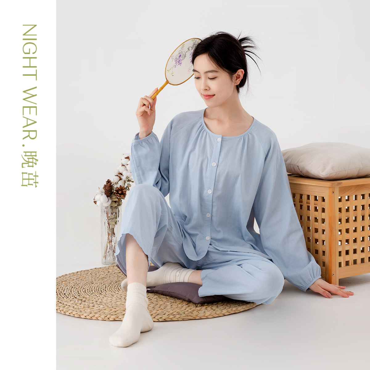 春夏睡衣女双层纱布全棉套头素色上衣单件家居服大学生可外穿
