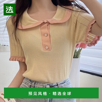 【日本直邮】Amulet喵护符女士针织毛衣拼色翻领针织甜美木耳边