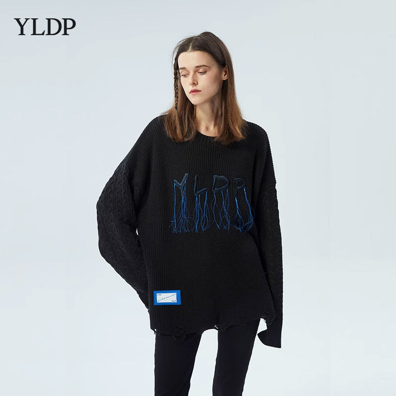 YLDP张予曦明星同款暗黑高街INS潮酷潮牌羊毛拼接破洞毛衣_虎窝淘