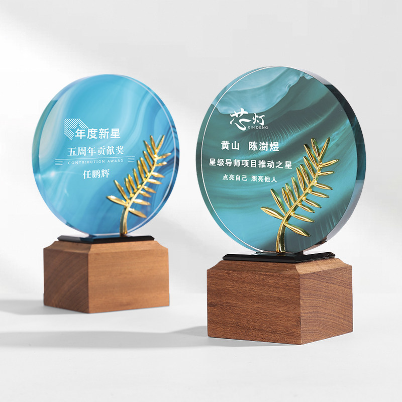 实木水晶奖杯订制定做创意彩印高档大气木质企业合作活动颁奖纪念