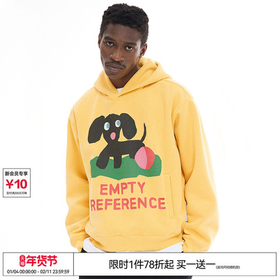 EMPTY REFERENCE美式复古原创小狗印花男女款长袖黄色连帽卫衣