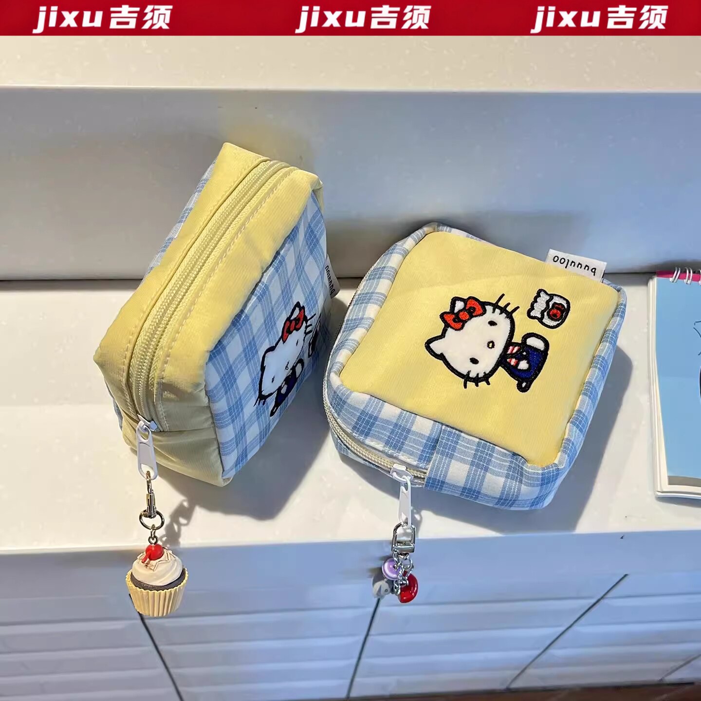日本帆布格子豆腐包化妆包迷你收纳小包随身便携化妆品口红零钱包