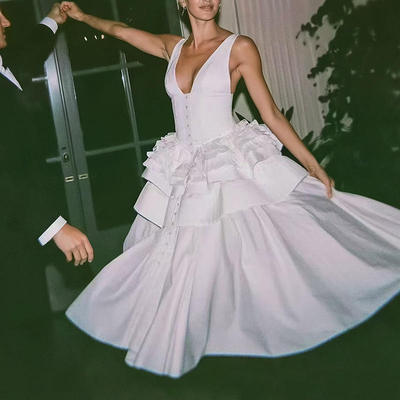 优雅法式复古风挂脖款蛋糕裙中长裙2025荷叶边连衣裙KDR545068P