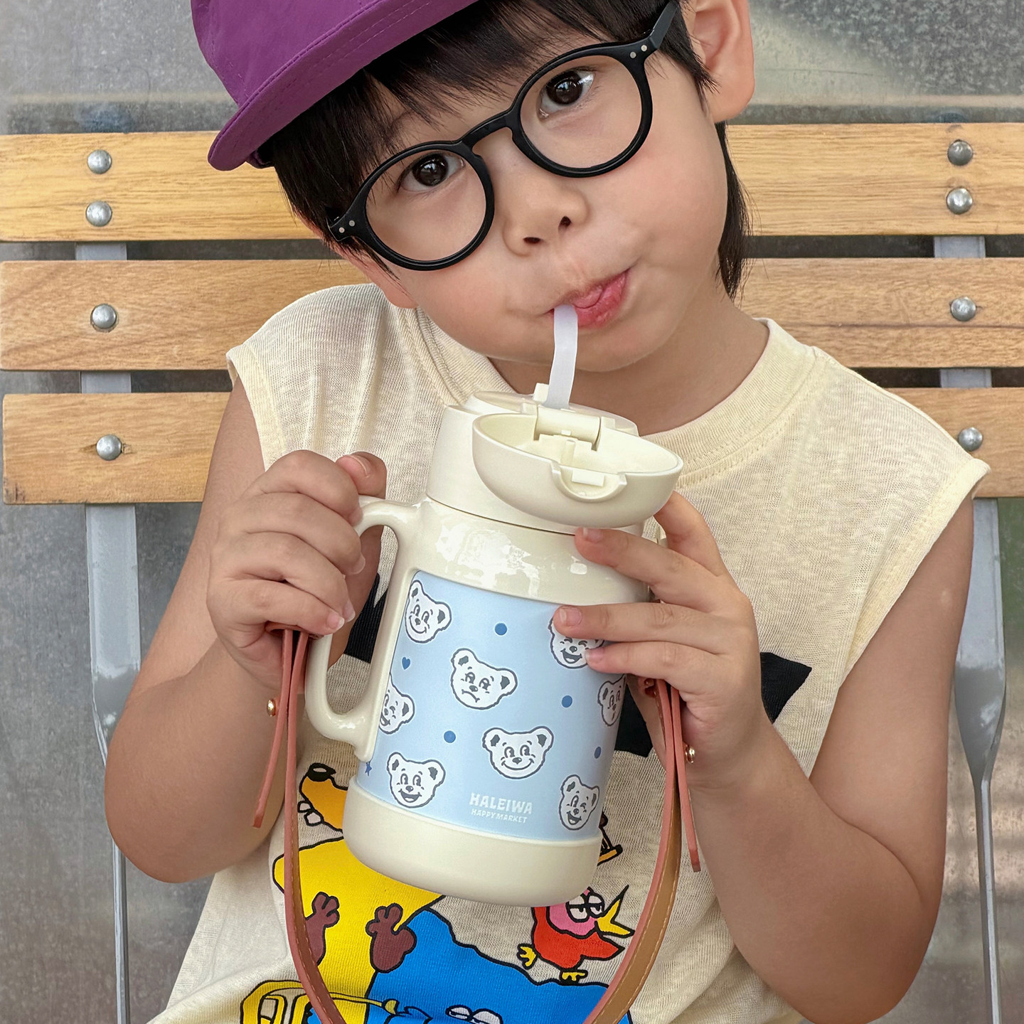 haleiwa儿童保温杯带把手幼儿园男女孩吸管杯便携新款不锈钢水杯