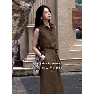 韩版气质POLO领棉麻连衣裙女2025