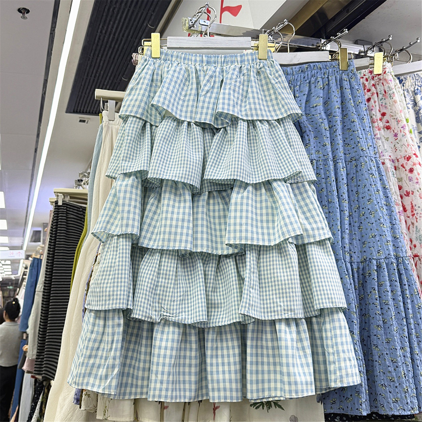 2026夏季新款法式荷叶边格纹拼接蛋糕裙女高腰小个子蓬蓬半身裙子