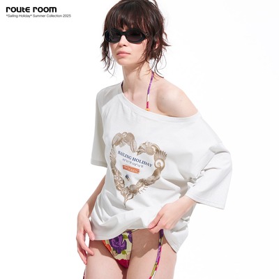 手工贝壳海螺爱心印花斜肩T恤