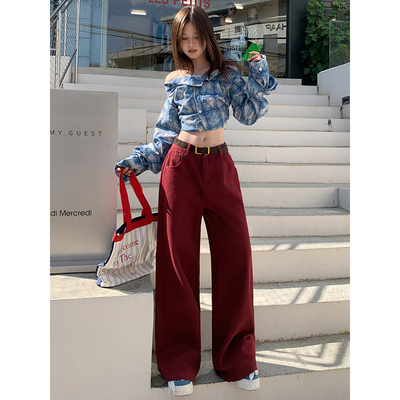 安可拉红阔腿牛仔裤女2025年秋冬新款高腰显瘦爆款直筒~没有腰带