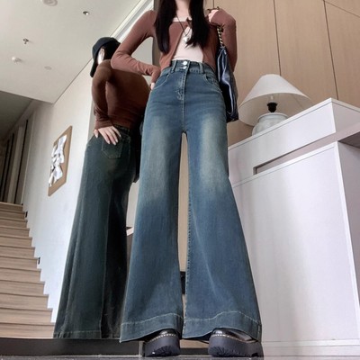 小个子145复古高腰微喇牛仔裤女150显高两粒扣设计感宽松直筒裤xs