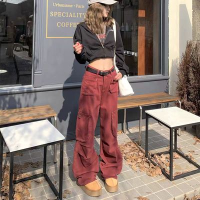 安可拉红工装牛仔裤女春季新款大码胖mm复古高腰多口袋宽松阔腿裤