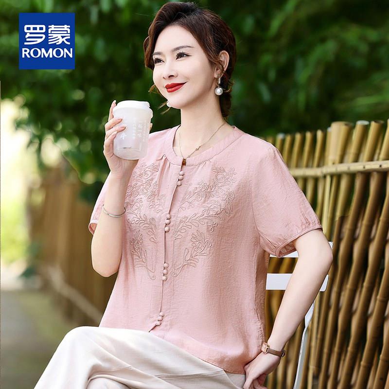 妈妈夏装棉麻套装2026新款气质短袖衬衫中老年女装夏季绣花上衣服
