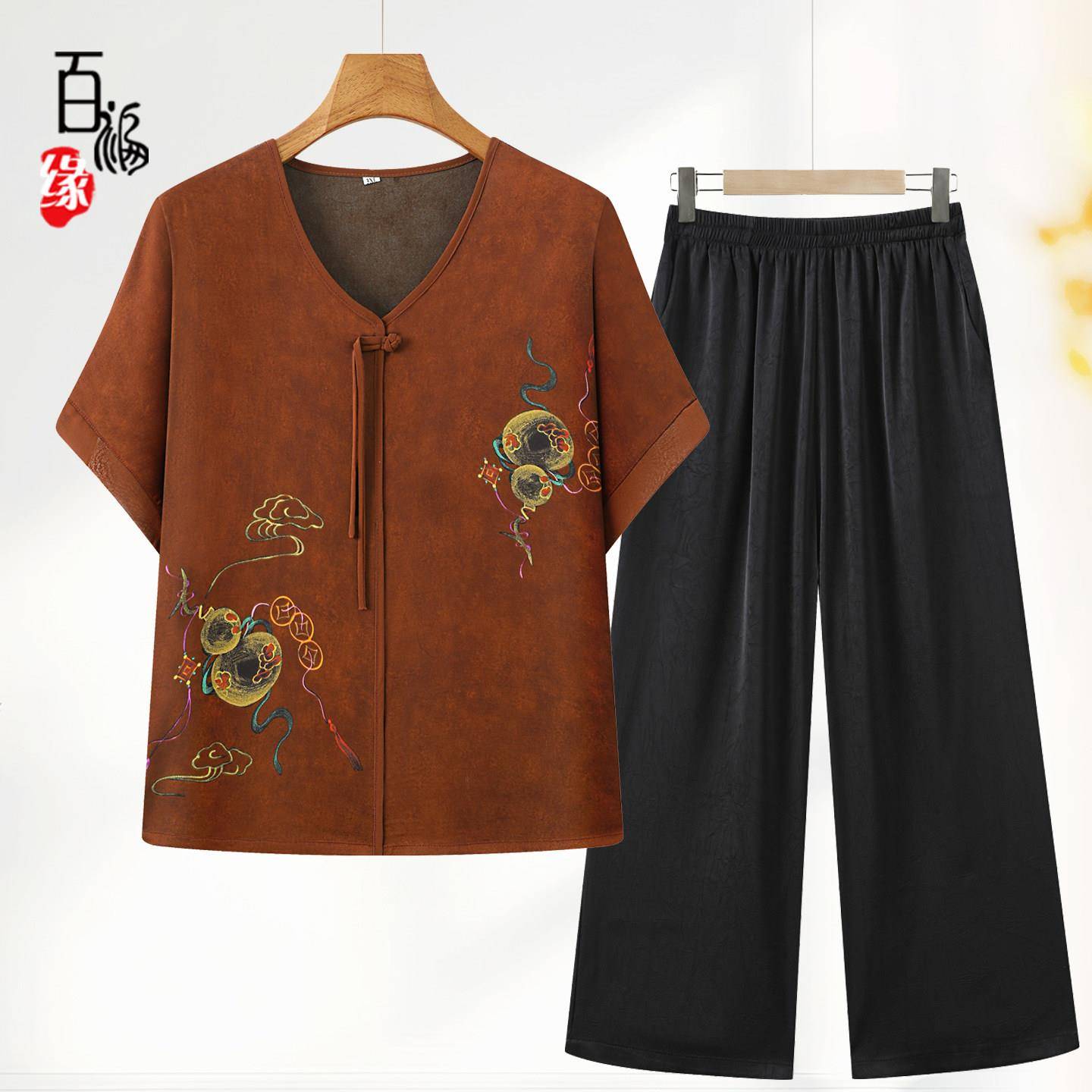 新款中老年人夏装套装女宽松奶奶短袖T恤妈妈两件套太太衣服洋气