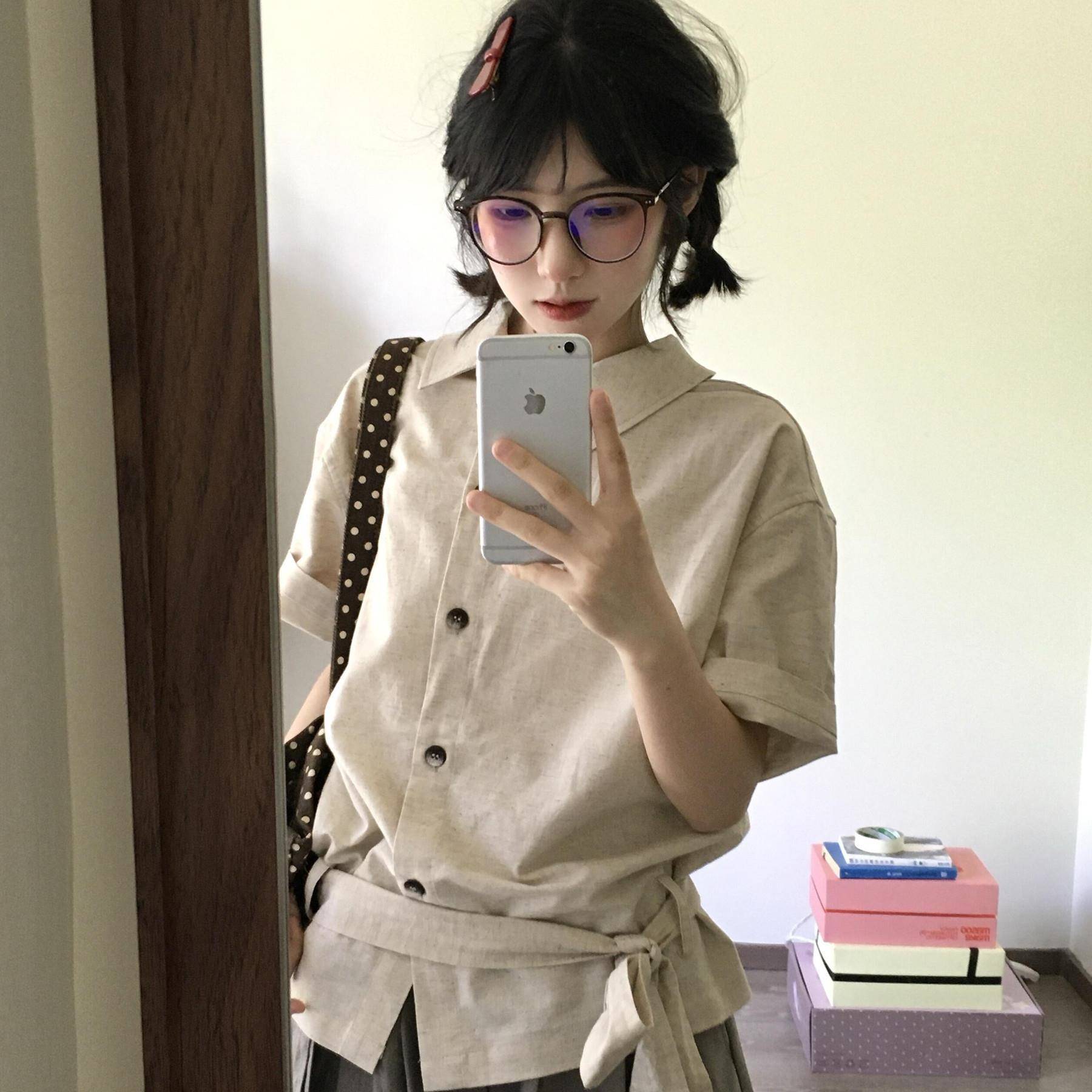 日系文艺系带收腰亚麻短袖衬衫女夏季新款设计感小众棉麻衬衫上衣