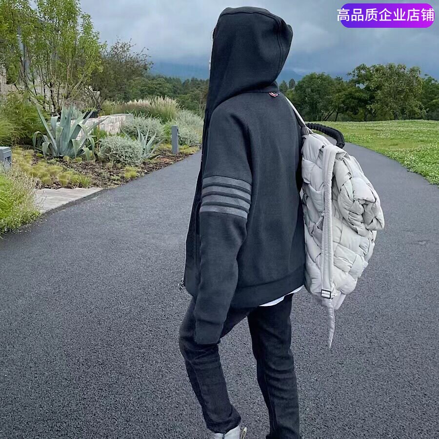 BEEWNETB纯棉炭黑色华夫格圆领卫衣帽衫拉链外套宽松休闲四杠长裤