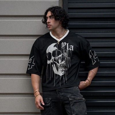 YOUNGLA美式潮流超大T恤男士运动健身速干透气大网眼印花短袖上衣