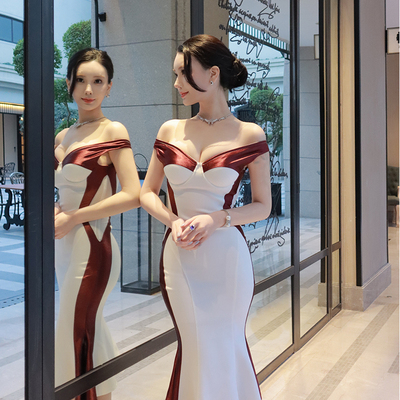 孙智惠「美貌尤怜」高级感生日宴会礼服露肩一字领鱼尾包臀连衣裙