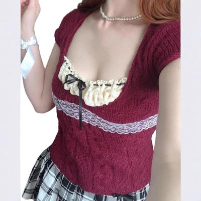 s fit lace tops clothes neck front crop aesthetic women