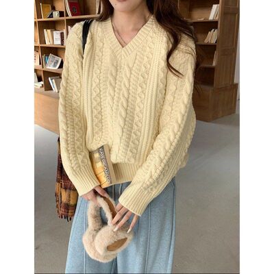 thMorning针织衫冬日轻语简约V领设计感麻花宽松套头毛衣ZY3747