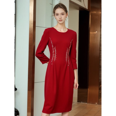 慕天姿精选品牌折扣新款女装高端时尚气质百搭红色连衣裙-15215