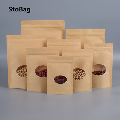 StoBag 50pcs Kraft Paper Round Window Ziplock Bag Snack Gift