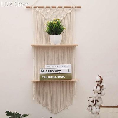 Bohemian Hand-Woven Macrame Tapestries Rack 2 Layers Wooden