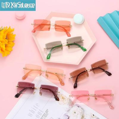 Gradient Rimless Rectangle Vintage Sunglasses Metal Frame Ul