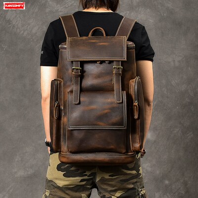 Retro Genuine Leather Men's Backpack Large Capacity Laptop
