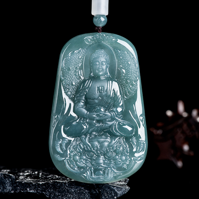 翠莹福天然翡翠A货蓝水孤品神龙佛祖吊坠糯冰种龙牌佛公男士L032