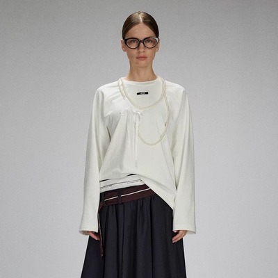 撞色抽褶双腰头不规则A字中长裙