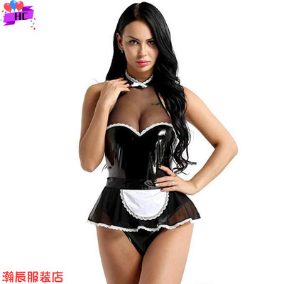 Sexy lingerie patent leather one-piece性感内衣漆皮网纱连体衣