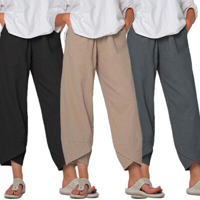 Irregular Hem Loose Cropped Pants Cotton Linen Trousers