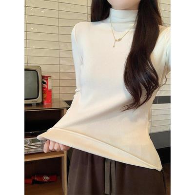 实拍260G双面抓毛长袖t恤女装春秋薄款修身打底衫半高领韩版上衣