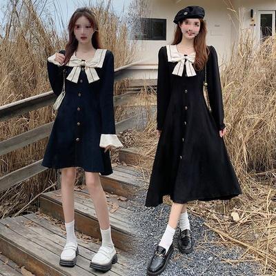 实拍2025秋冬胖mm高腰蝴蝶结方领长袖连衣裙女韩版时尚a字长裙子