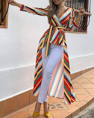 彩色条纹前短后长衬衫女Women tops summer fashion blouse