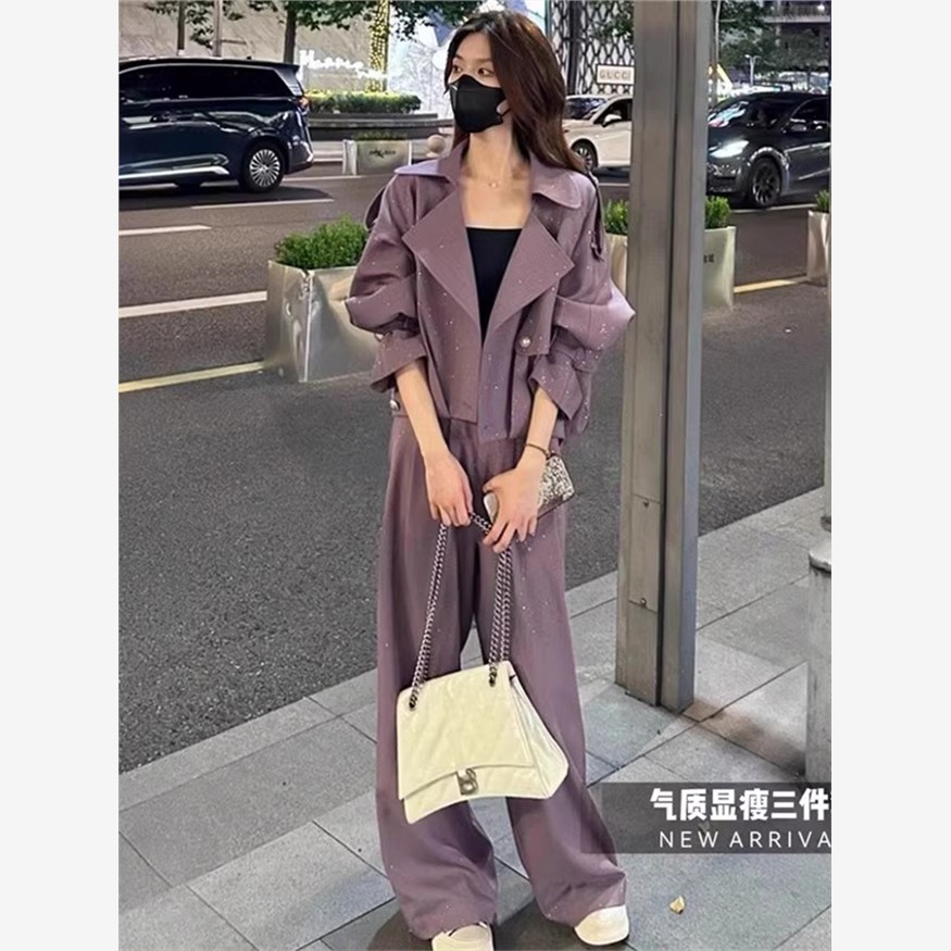 采购产品高端时尚女装套装,早秋装,短风衣夹克成套,宽松阔腿裤