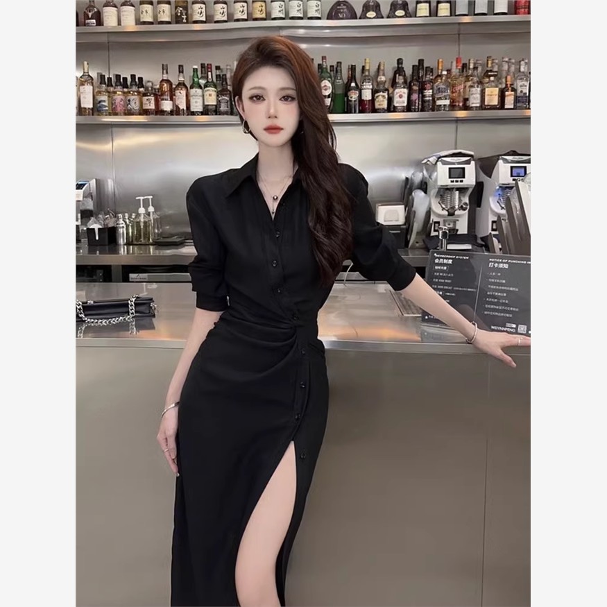 早秋皇室姐妹穿优雅的衬衫连衣裙2025新女神风格性感苗条的黑色裙